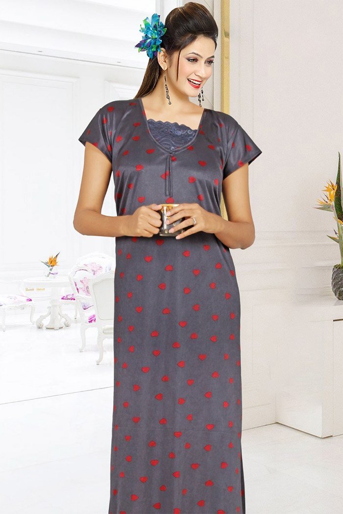 Women’s Satin Maxi Nighty Gown, Heart Printed - Womensplace